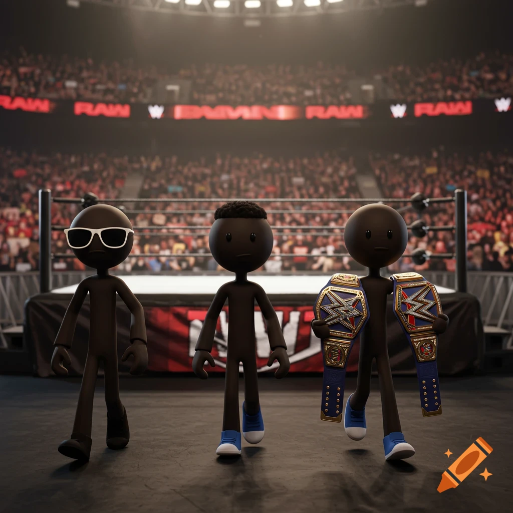 Three stick figures walking to a WWE ring on Craiyon