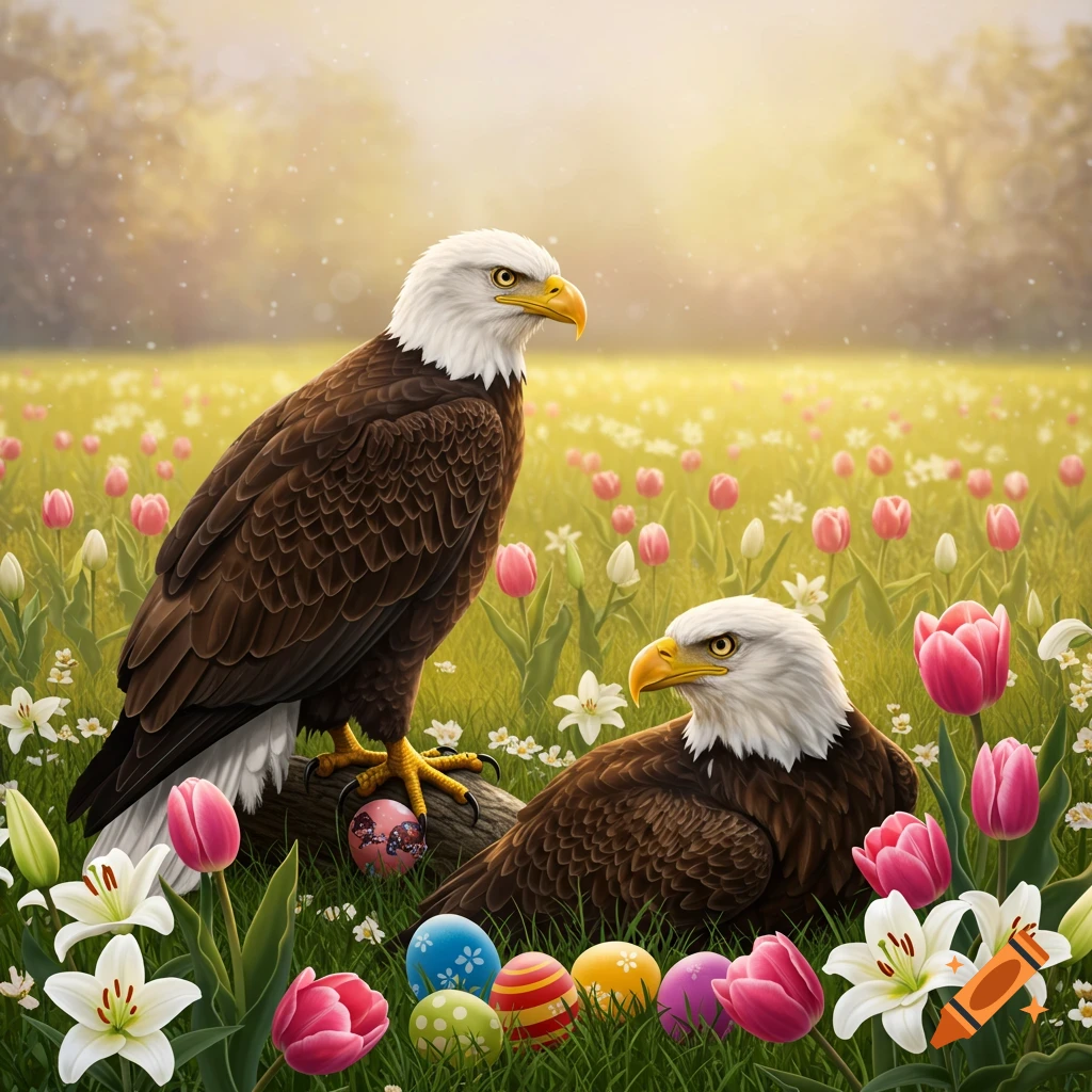 Two bald eagles with Easter eggs, lilies, and tulips on Craiyon