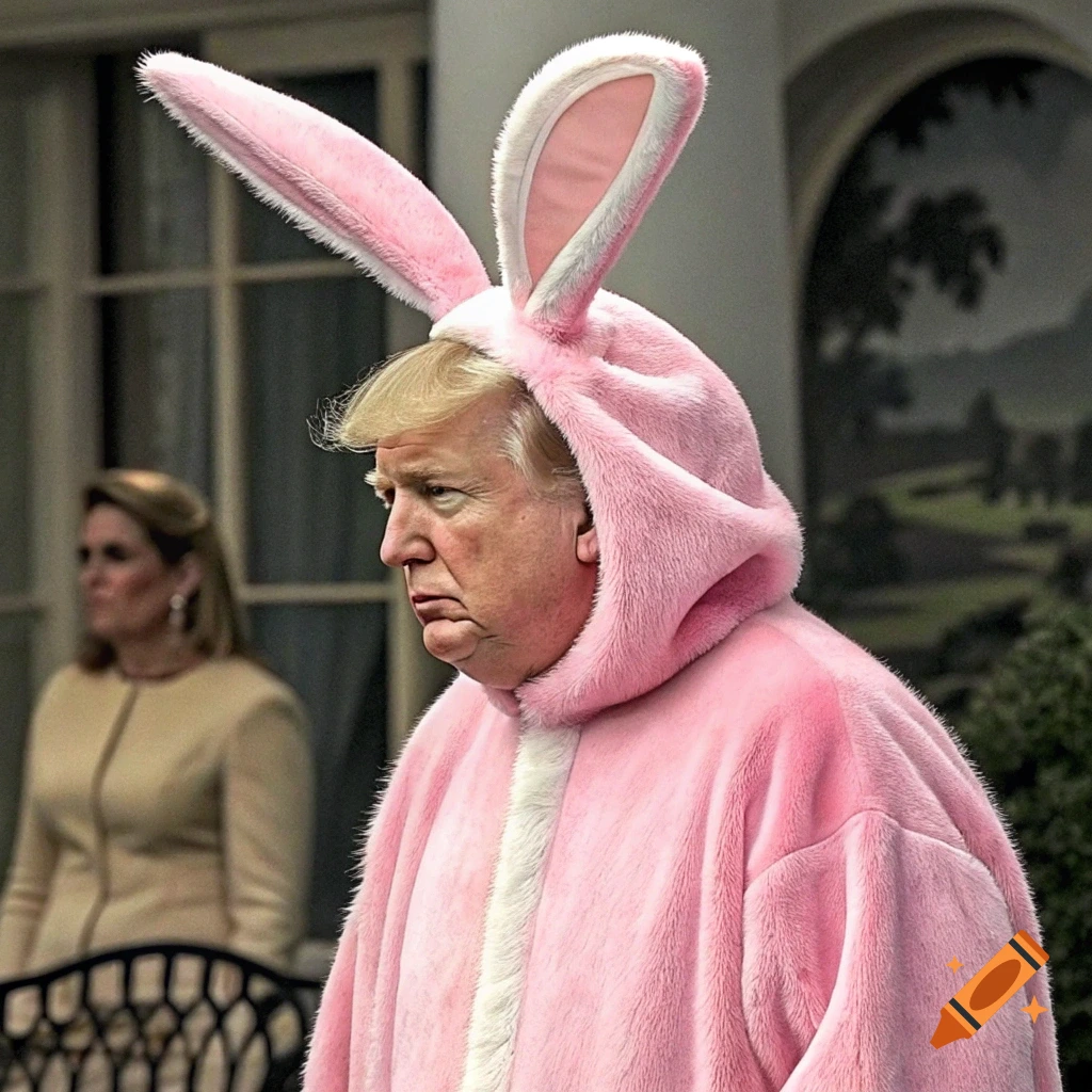 Donald Trump looks glum while wearing a pink Easter bunny costume ...