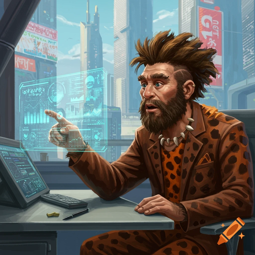 Modern-day caveman in office attire with futuristic elements on Craiyon