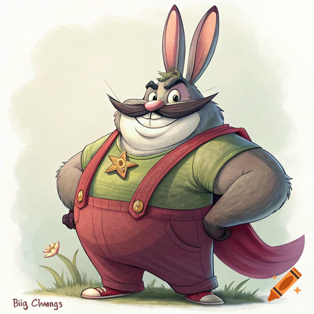 Cartoon of a large rabbit character with a mustache, red overalls ...