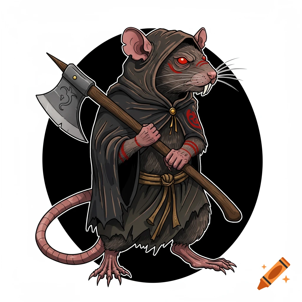 A fantasy rat in a black hood holding an executioner's axe. on Craiyon