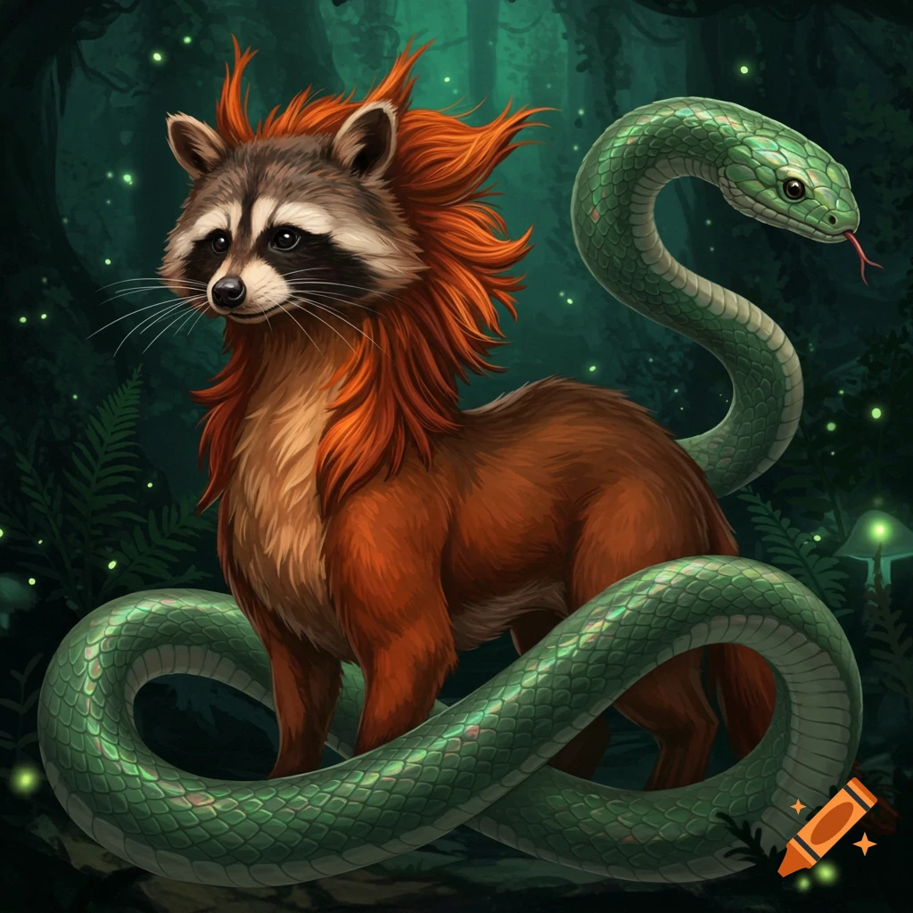 Chimera with raccoon, squirrel head, and snake tail on Craiyon