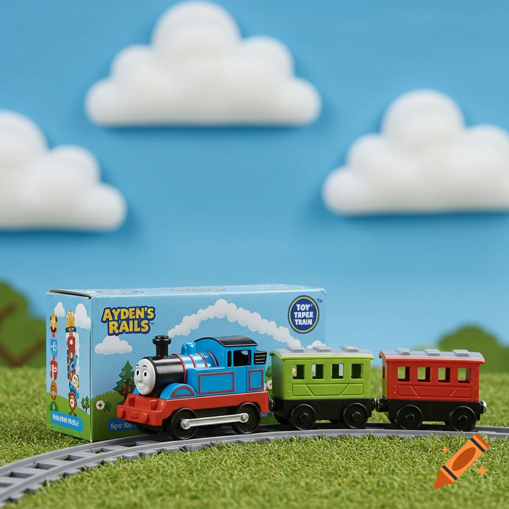 Simple train toy with "Ayden's rails" on the box on Craiyon
