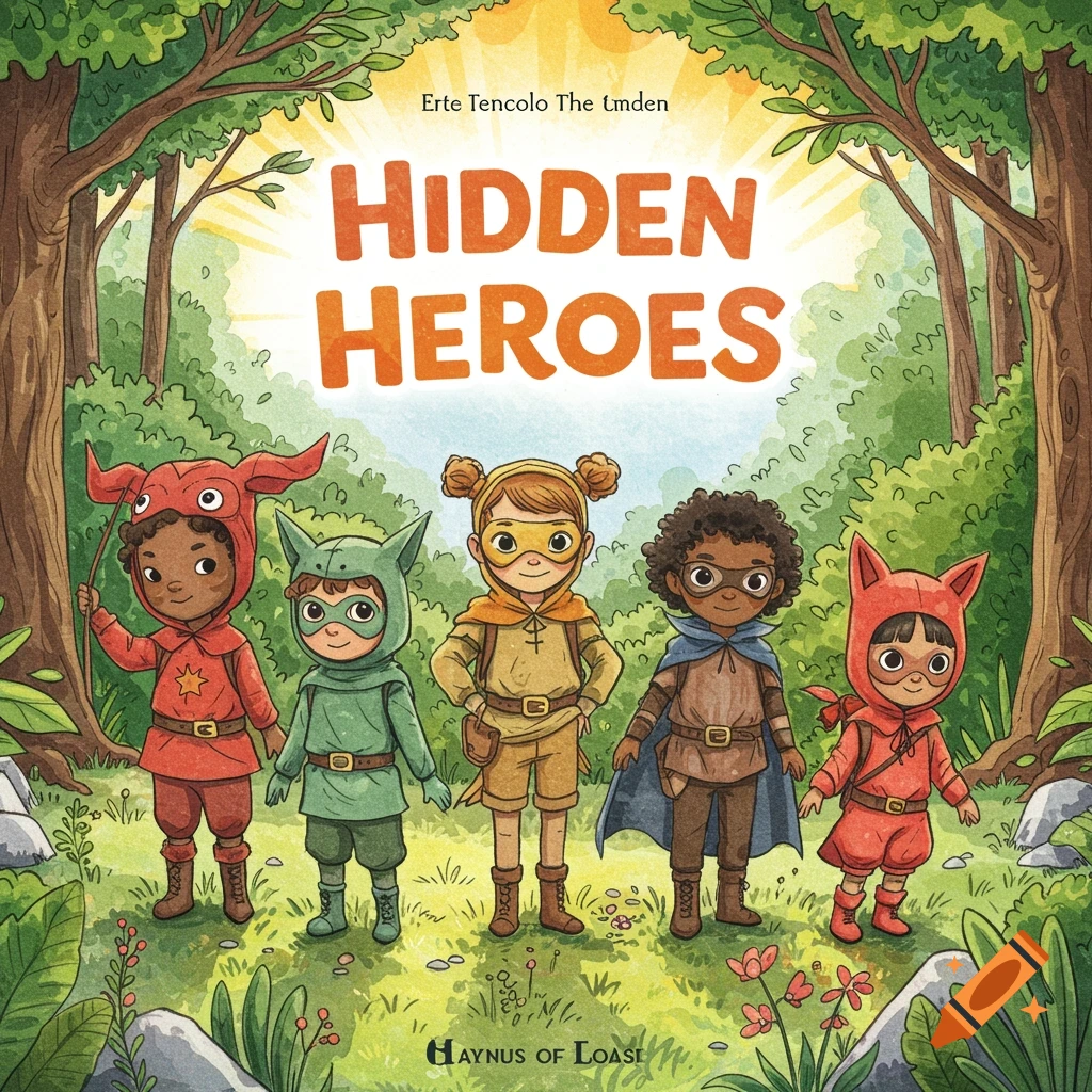 Watercolor children's book cover: Hidden Heros on Craiyon
