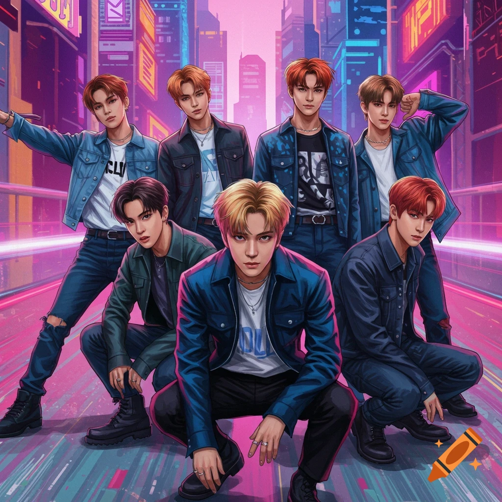 A group of seven young men posing in a neon-lit city street at night ...