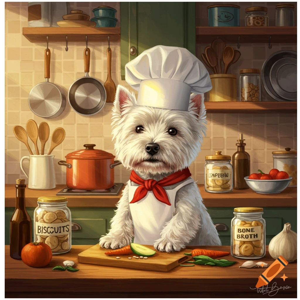A painted golden retriever dog in a chef hat and apron cooks on a stove ...