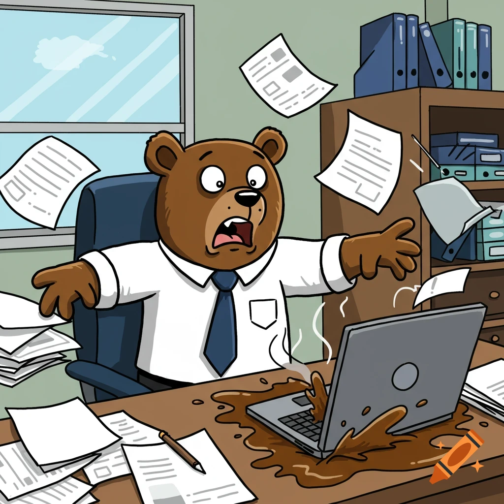 Cartoon bear office worker spills coffee on his laptop, scattering ...