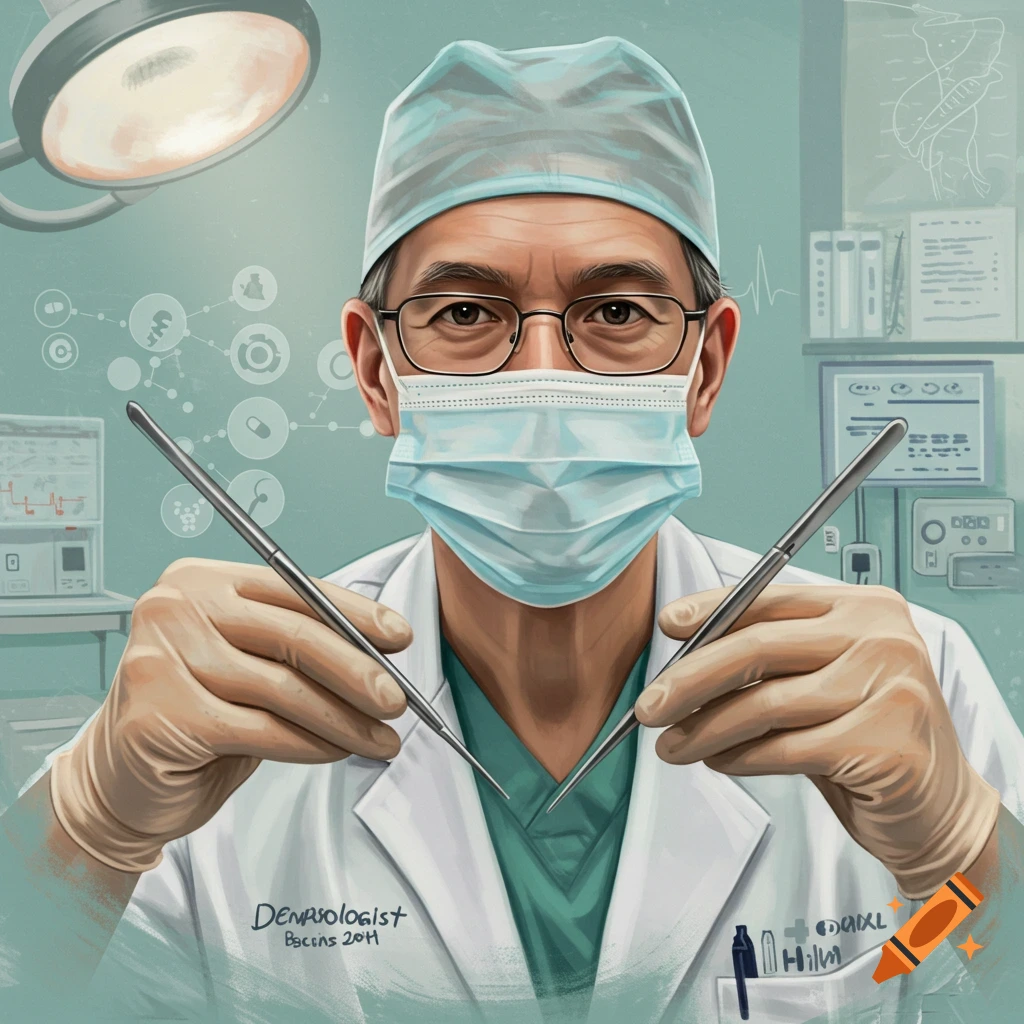 A masked doctor in a lab coat holds medical tools in a medical setting ...