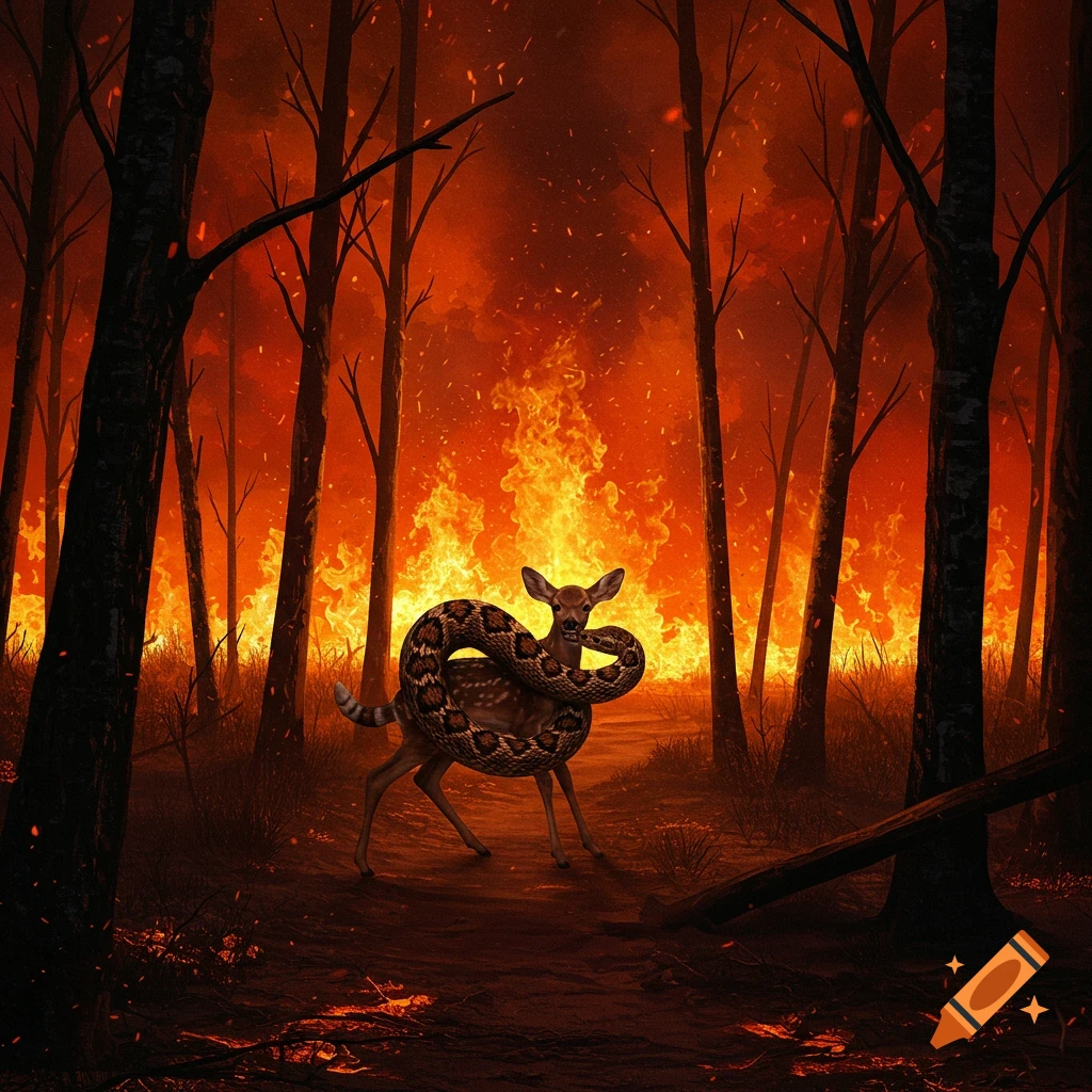 Wildfire burning thin dead trees with snake attacking fawn on path. on ...