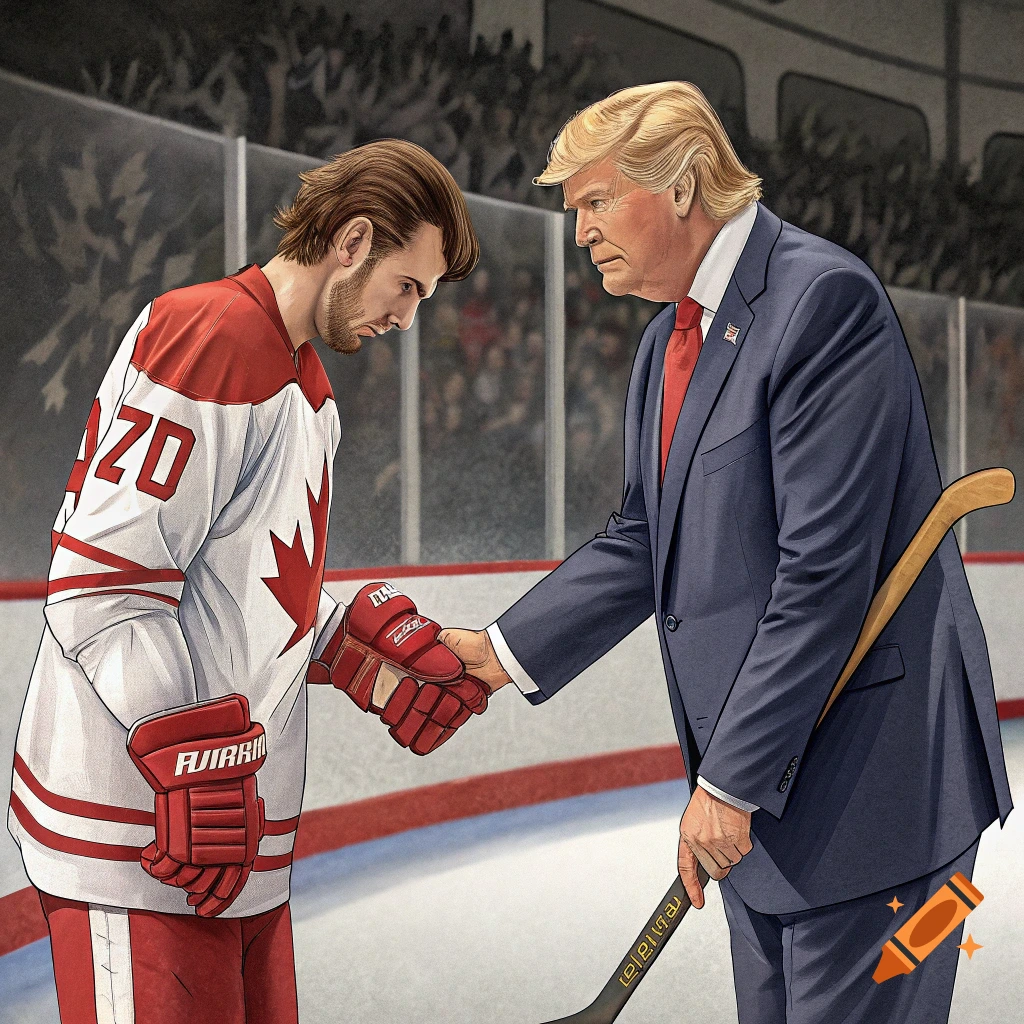 Illustration of Donald Trump in a suit with a hockey stick in a hockey ...