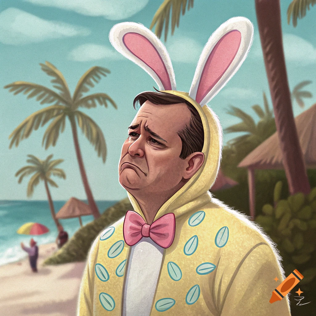 Ted Cruz frowning in Cancun wearing an Easter bunny suit on Craiyon