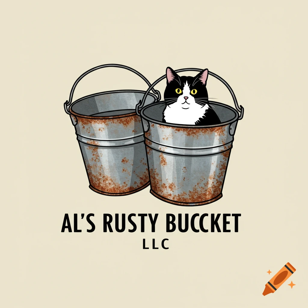 Al’s Rusty Bucket LLC logo with cat in rusty bucket on Craiyon