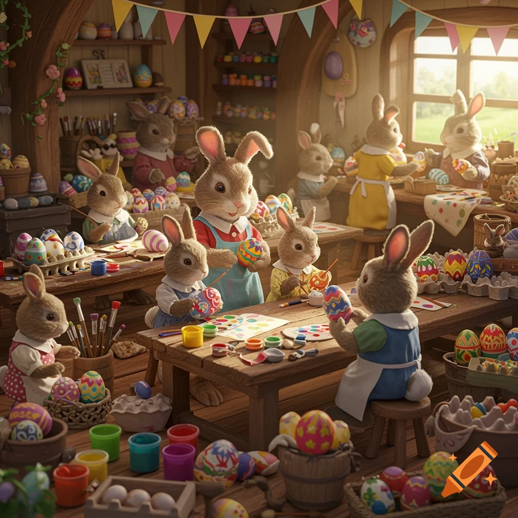 Anthropomorphic rabbits paint colorful Easter eggs in a busy workshop ...