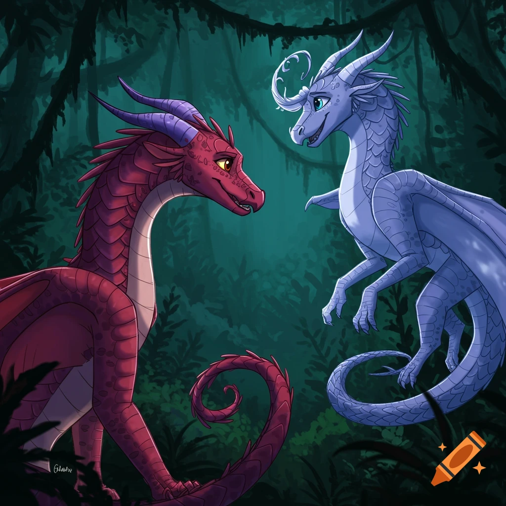Qibli and Moon from Wings of Fire in the rainforest on Craiyon