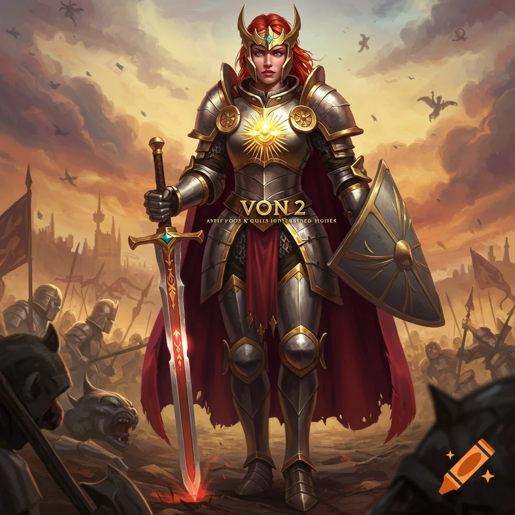 A female warrior in golden and silver armor stands in a battle scene with a sword and shield. on ...