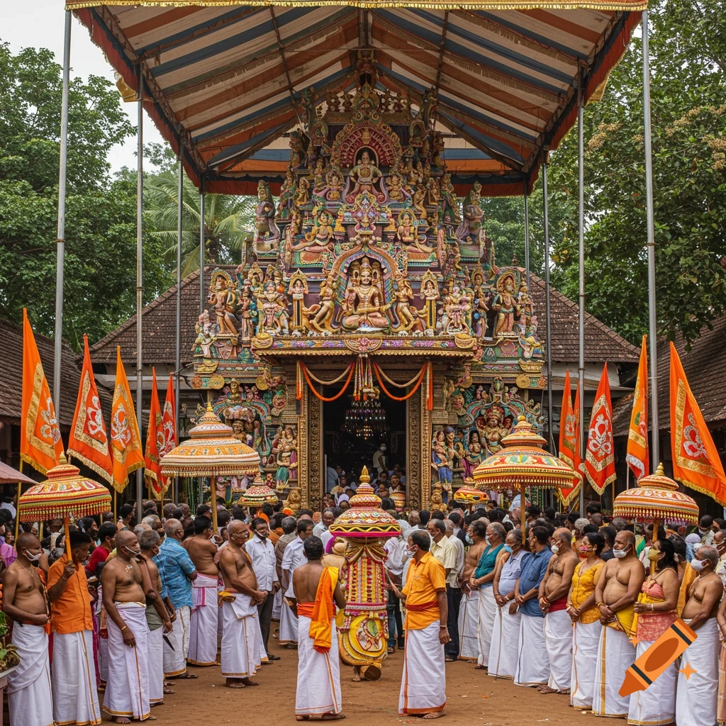 Large crowd gathered in front of a richly decorated temple entrance ...