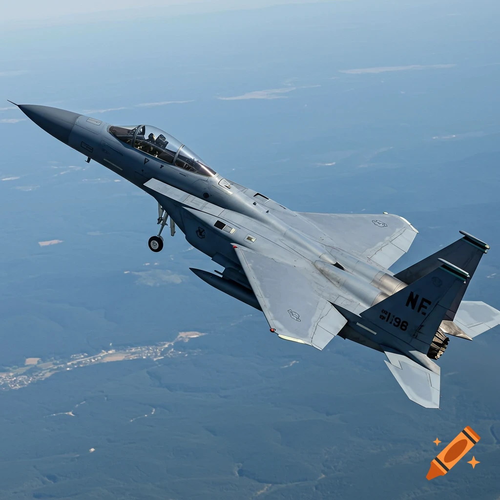 A grey F-15 fighter jet flying high in the sky over a landscape. on Craiyon