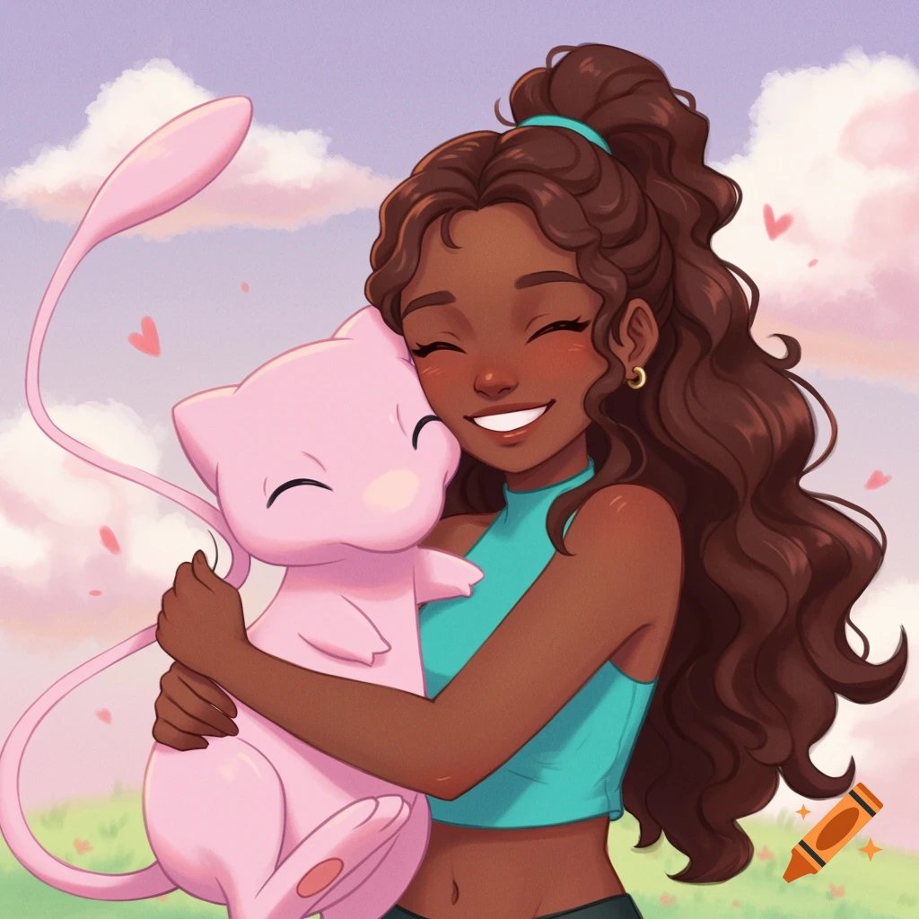 Mew hugging a girl with a ponytail on Craiyon