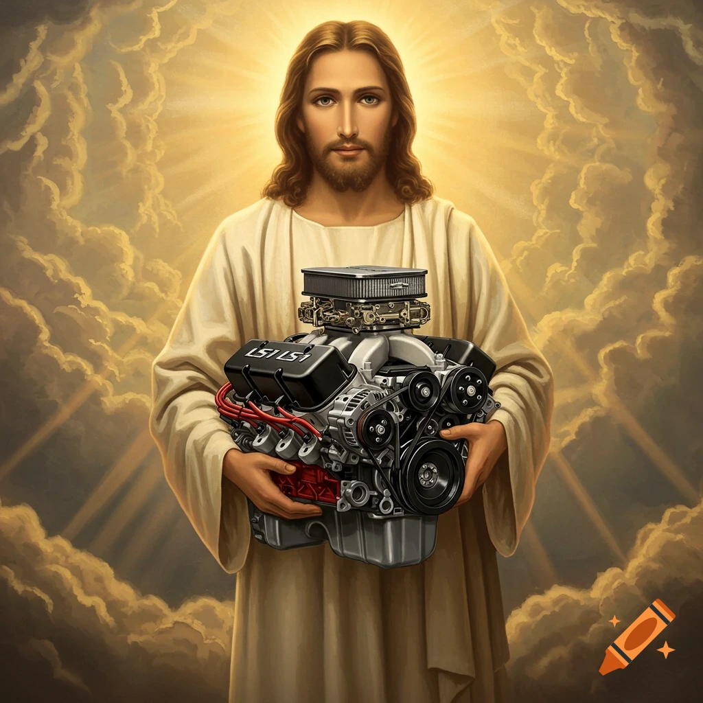Jesus holding a car engine in an illustrative style. on Craiyon