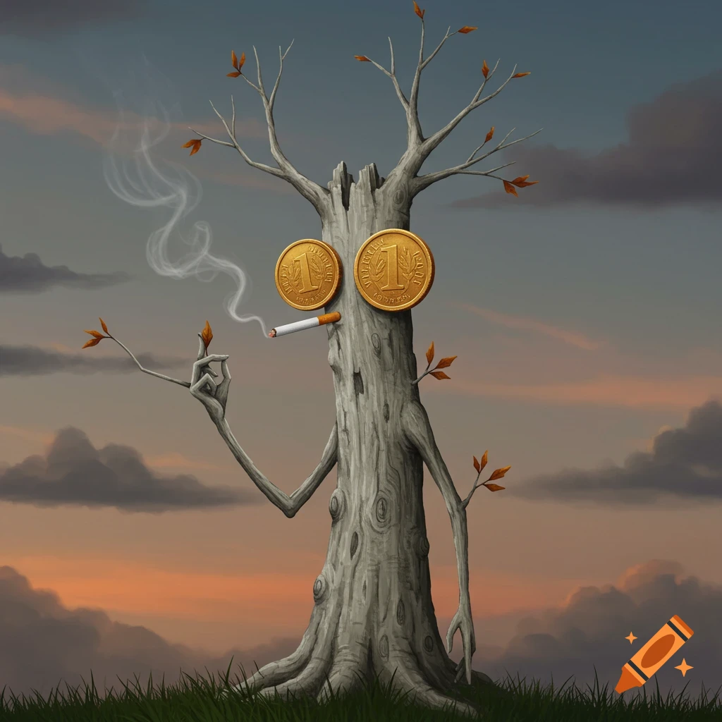 A tree with coin eyes smoking a cigarette and holding a leaf. on Craiyon