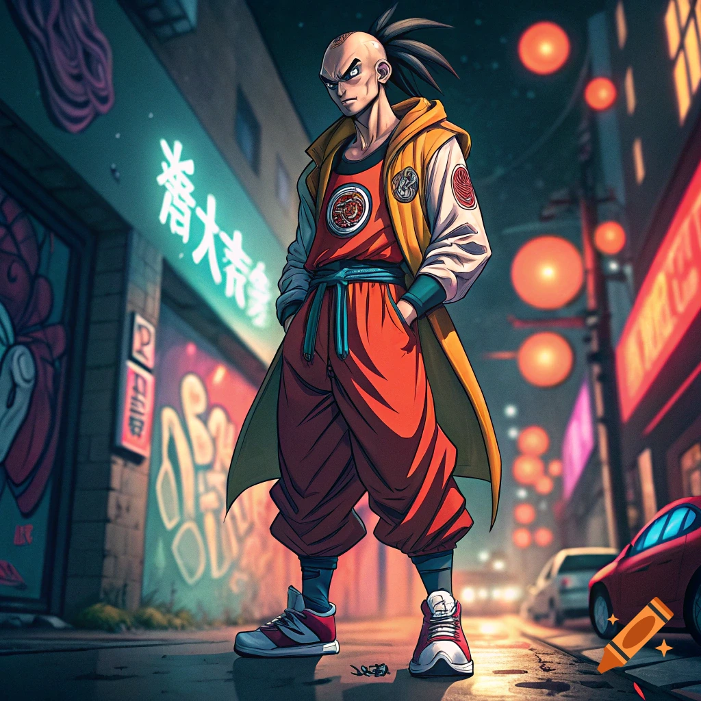 Tien from Dragon Ball in King Von style with dreads and red eyes on Craiyon