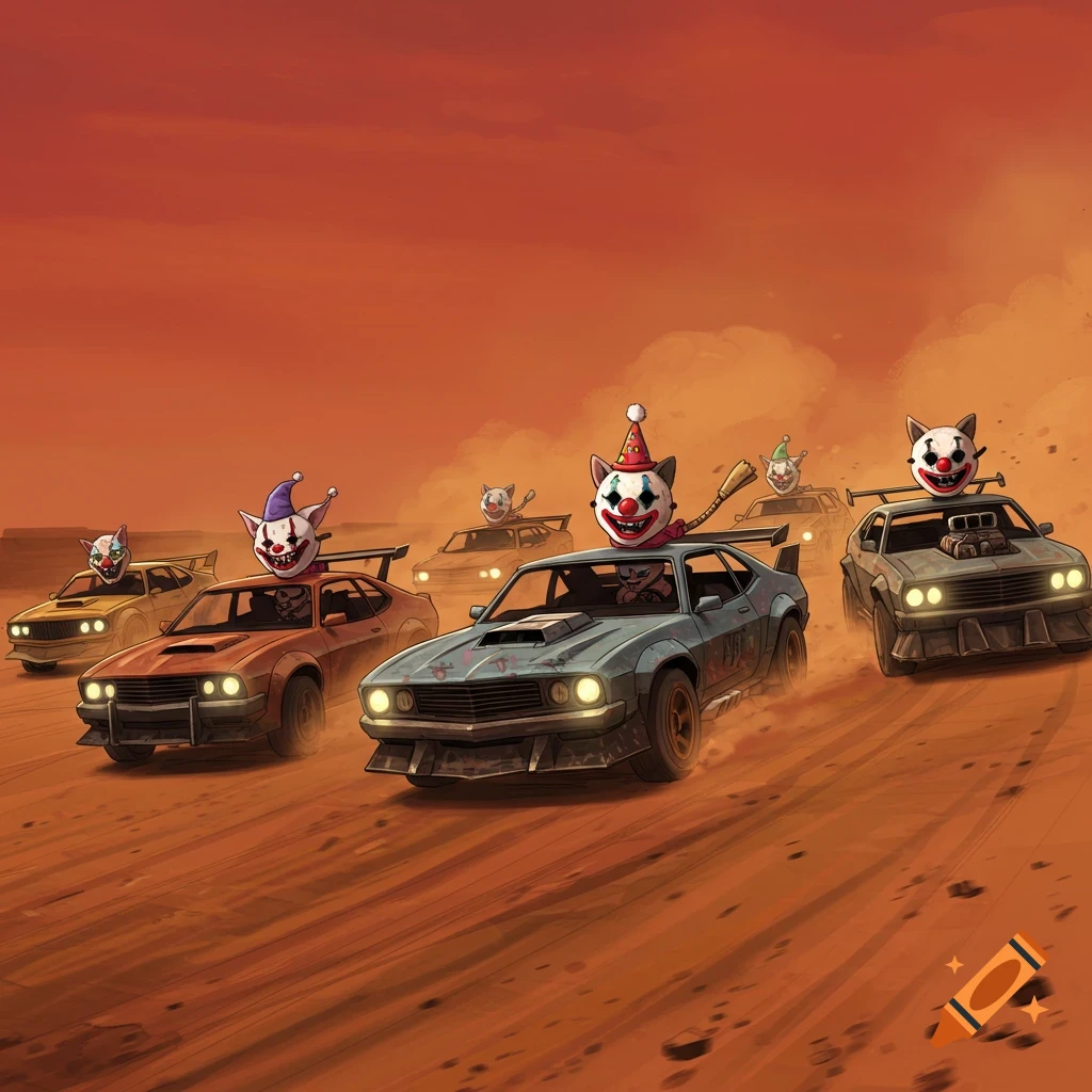 Cars driven by cats wearing clown masks on a Mad Max track on Craiyon
