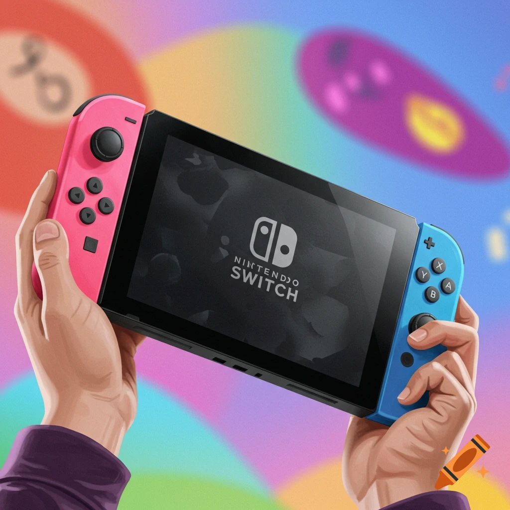 Two hands holding a pink and blue Nintendo Switch console. on Craiyon