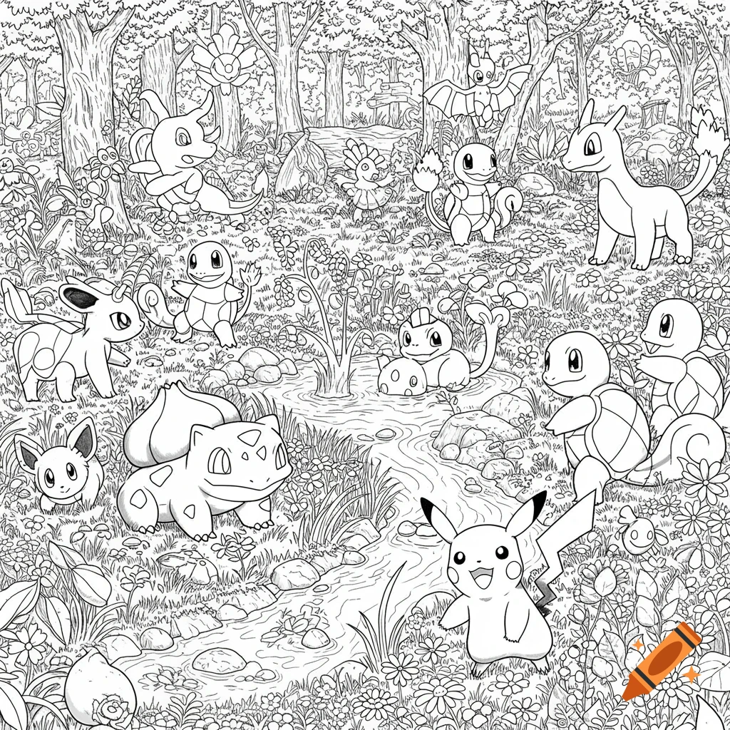Coloring page style drawing of original 151 Pokemon in nature on Craiyon