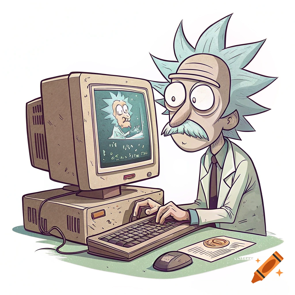 Rick Sanchez from Rick and Morty stands at a computer desk. on Craiyon