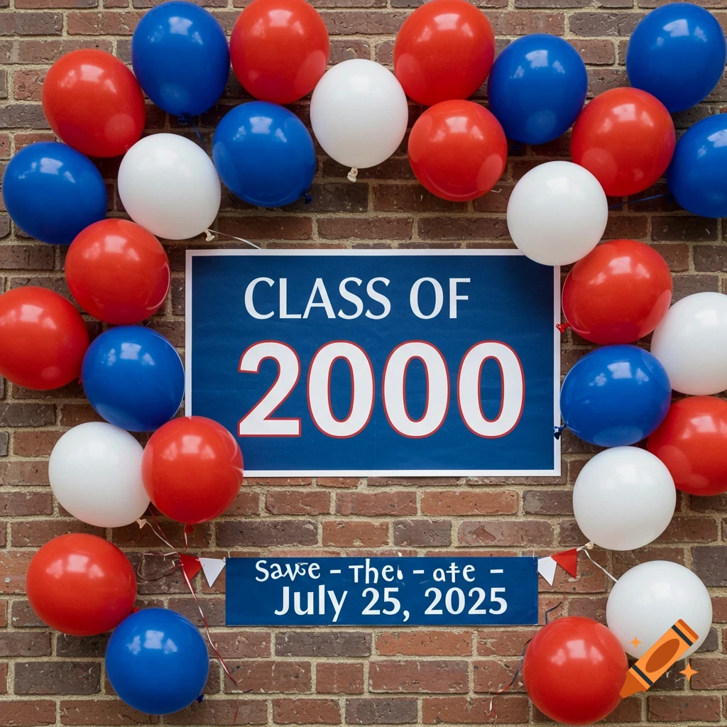 Red, white, and blue balloons decorate a brick wall with signs reading ...