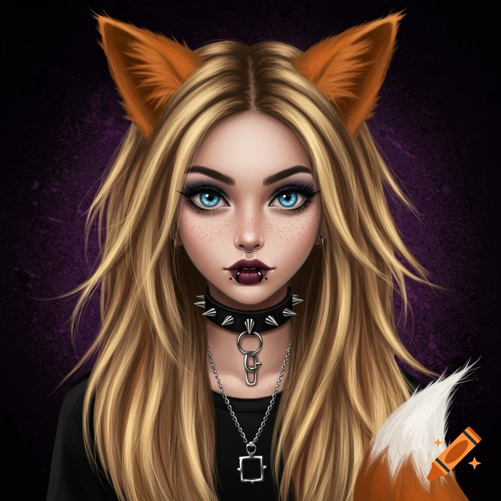 Anime girl with fox ears and tail, punk goth style on Craiyon