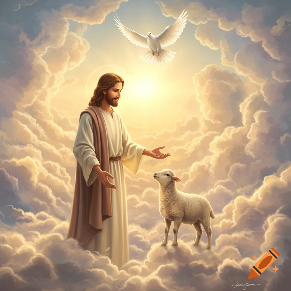 Jesus with clouds, lamb, sunshine, and dove on Craiyon