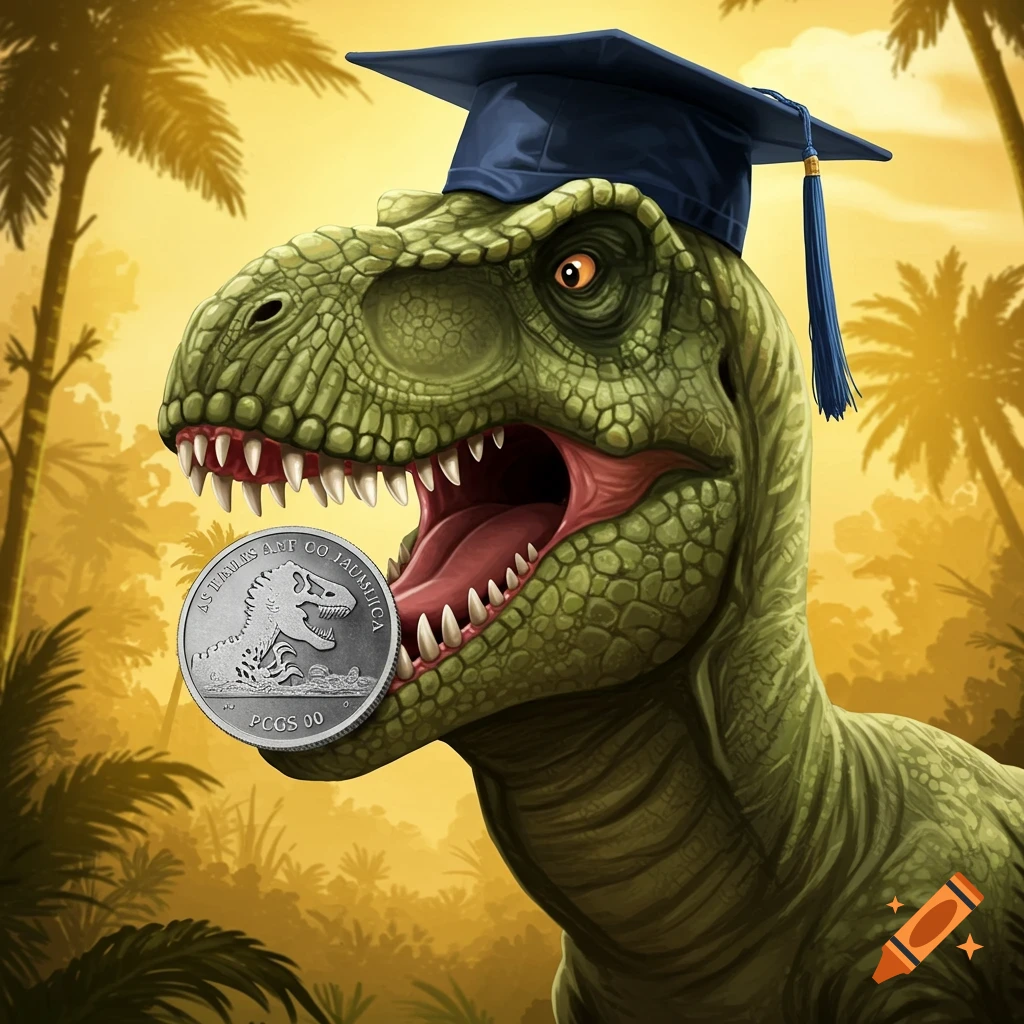 A T-Rex dinosaur wearing a graduation cap and holding a coin in its ...