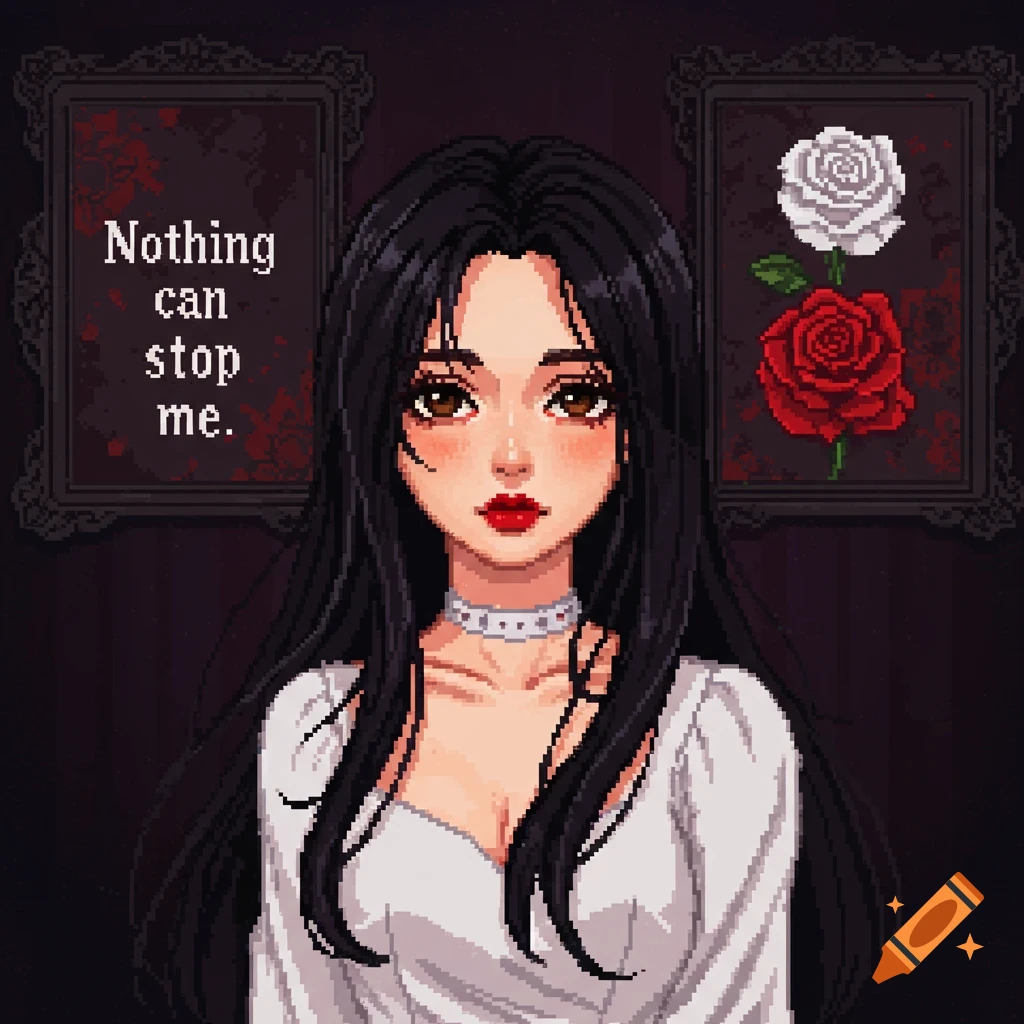 Pixel art girl with long black hair and flower dress on Craiyon