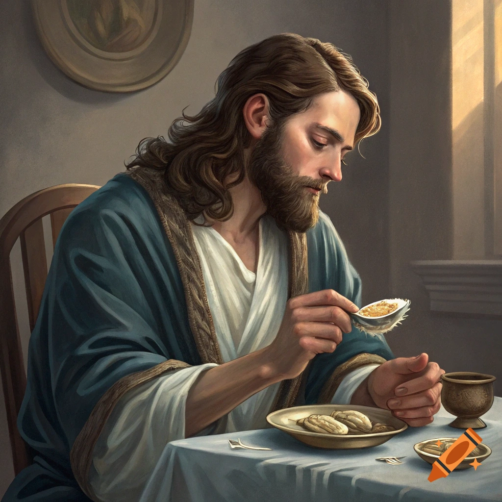 Jesus Christ eating an oyster at a table on Craiyon