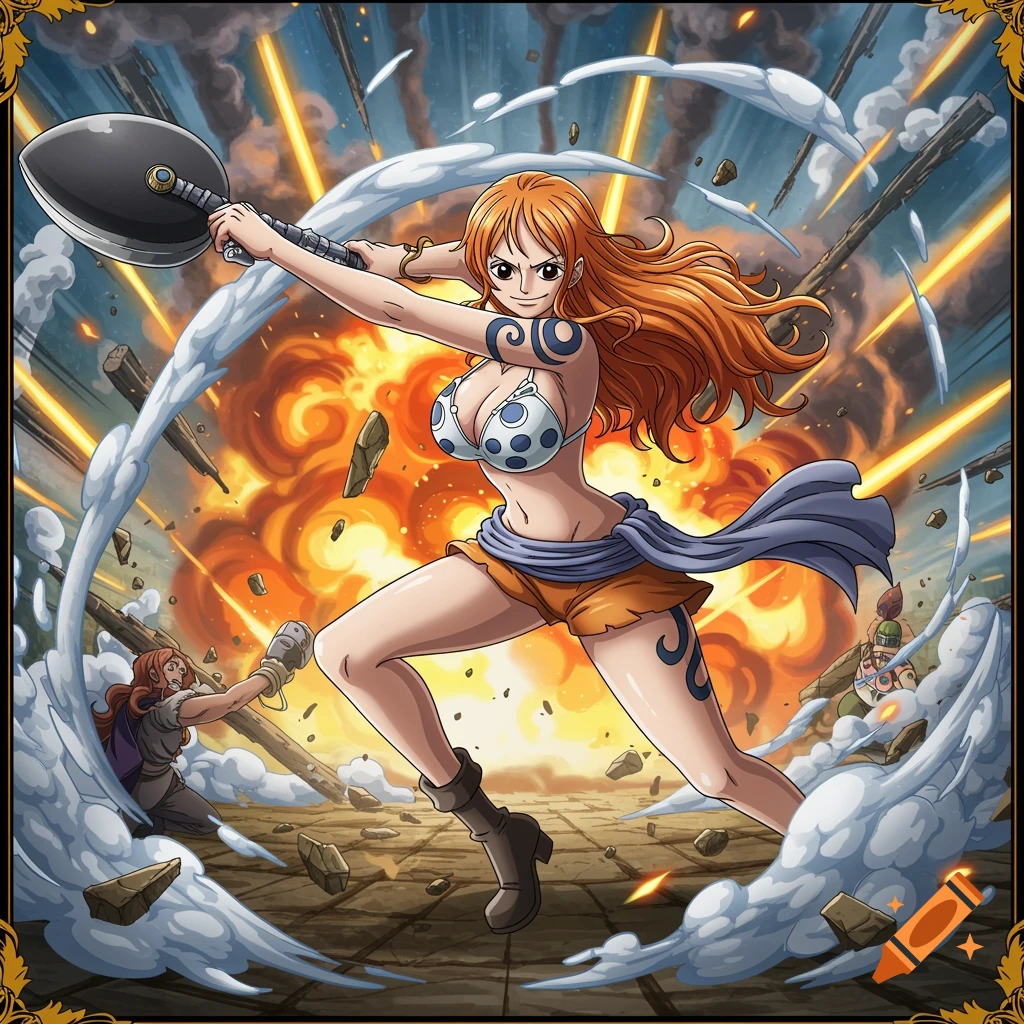 Nami from One Piece in an orange swimsuit on a tropical beach. on Craiyon