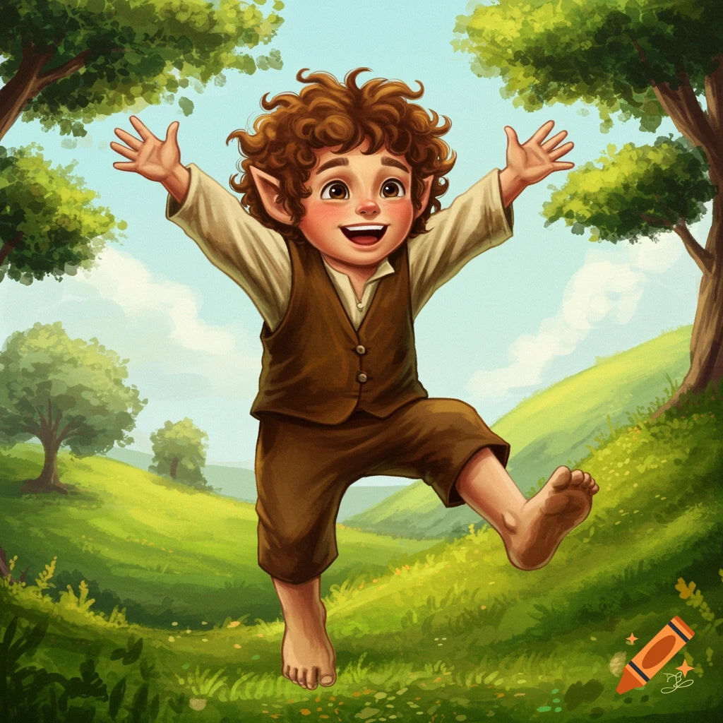 An illustration of a boy kneeling by a stream, holding up a large gold ...