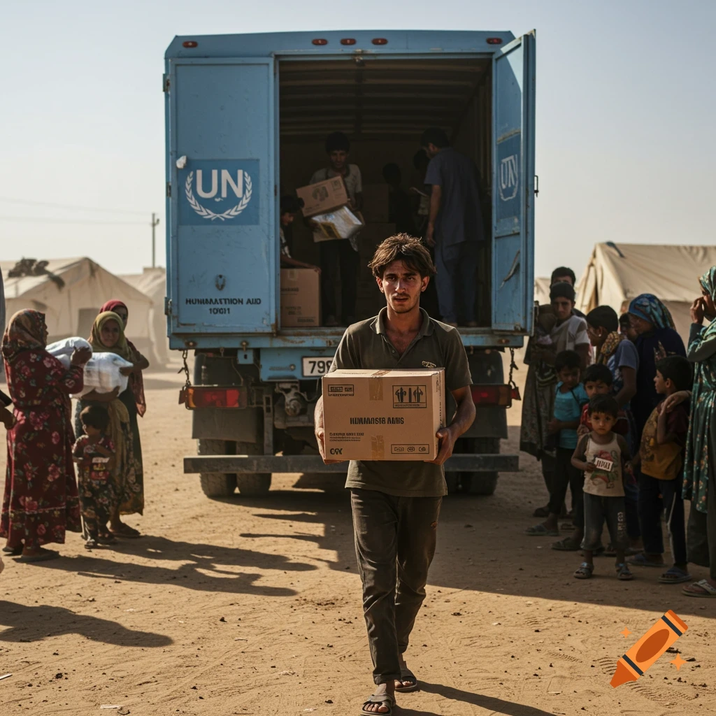 A person carries a box of humanitarian aid from a UN truck in a refugee ...