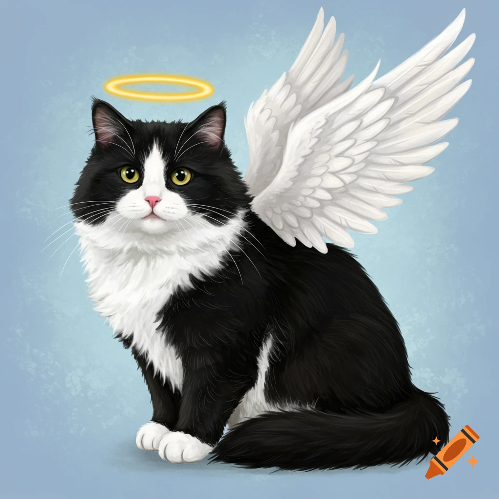 Black and white fluffy cat with angel wings and halo on Craiyon