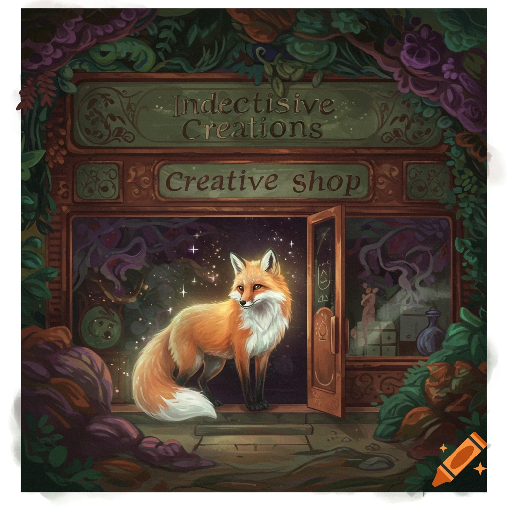 Ethereal spirit fox at 'Indecisive Creations' shop entrance. on Craiyon