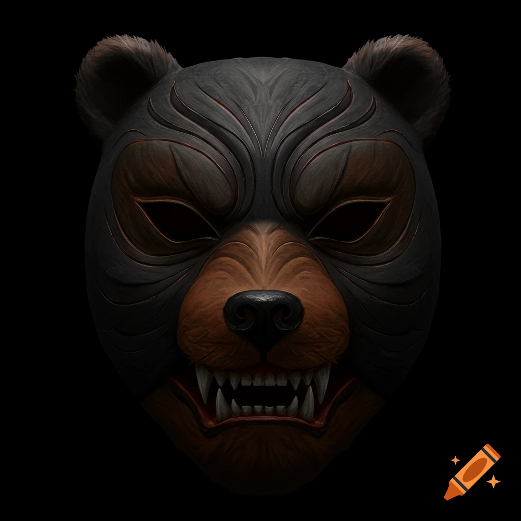 A stylized black and brown bear mask with sharp teeth. on Craiyon