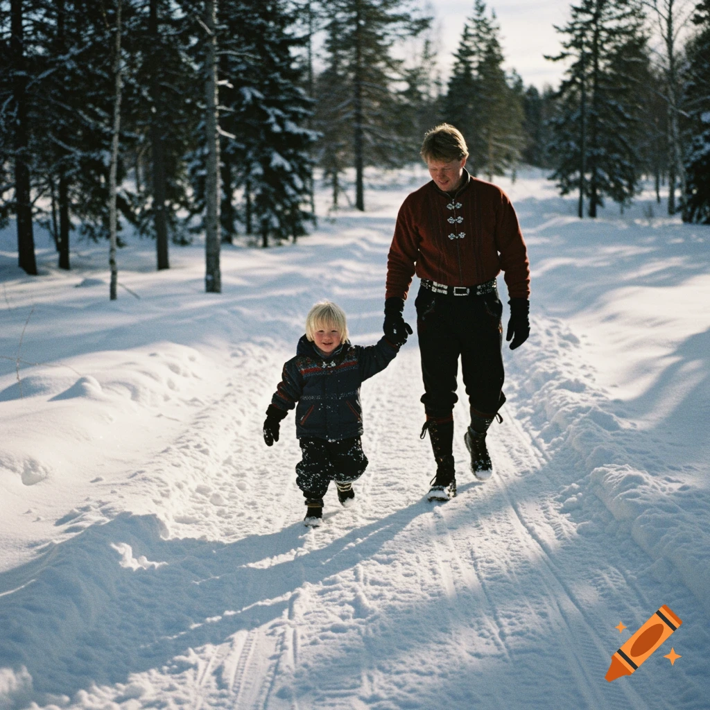 Norwegian boy with dad on snow trail, 90s Kodak photo on Craiyon