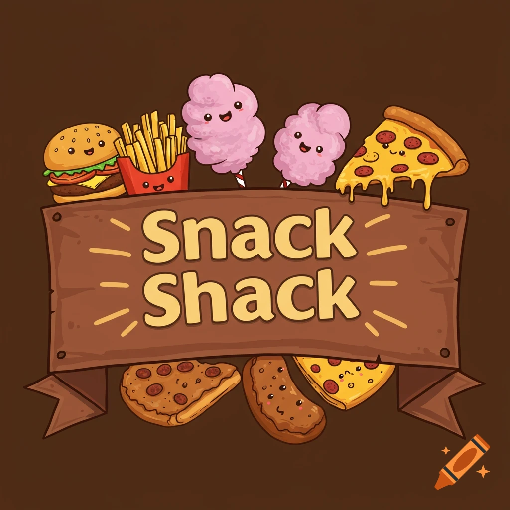 Cartoon sign for Snack Shack with cute burger, fries, cotton candy ...