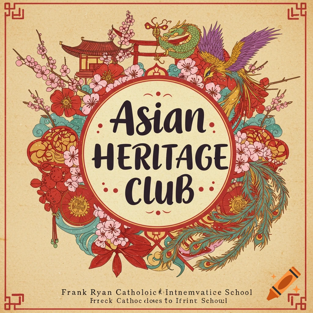 Logo for Asian Heritage Club with dragon, phoenix, pagoda, blossoms, and lanterns in a stylized ...