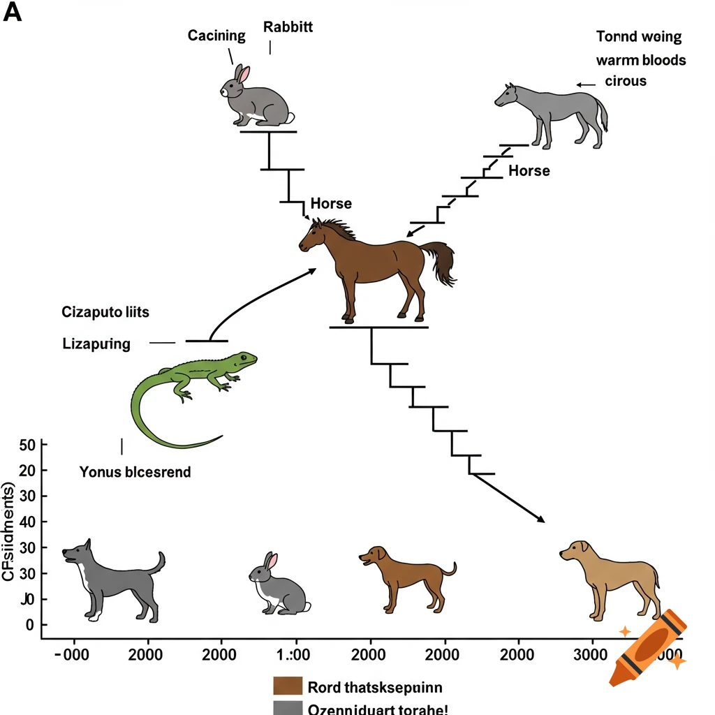 Cladogram of rabbits, lizards, horses, and dogs on Craiyon