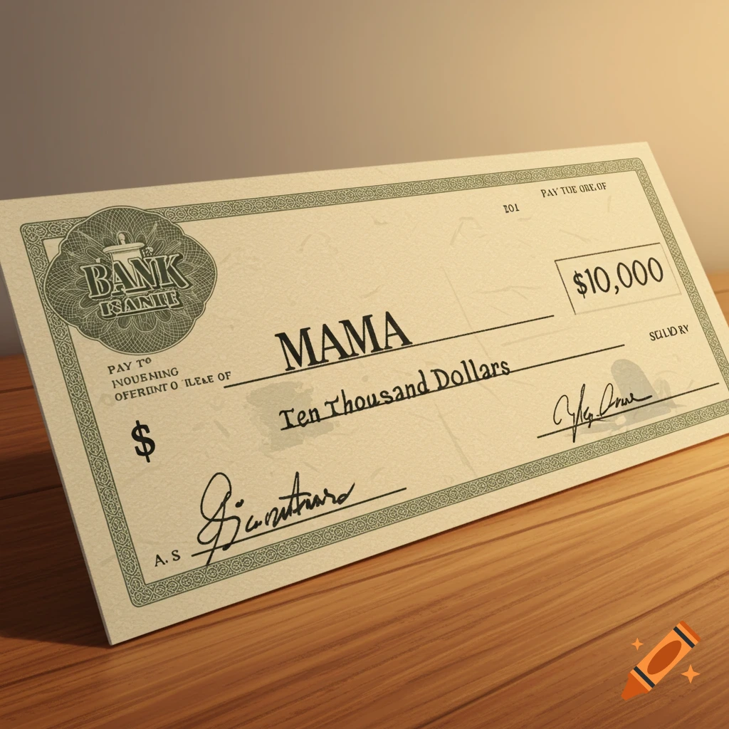 A bank check written out for $10,000 to Mama on a wooden table. on Craiyon