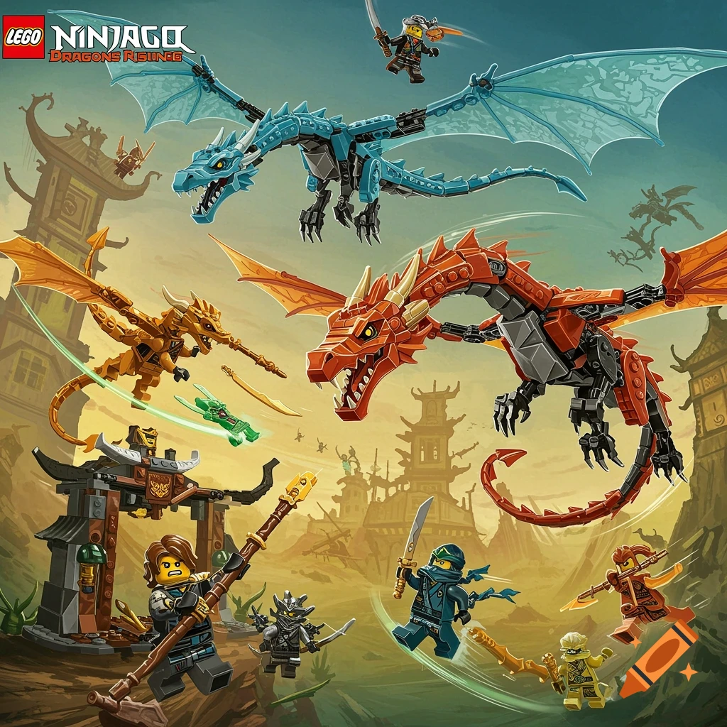 Lego Ninjago characters in action on Craiyon