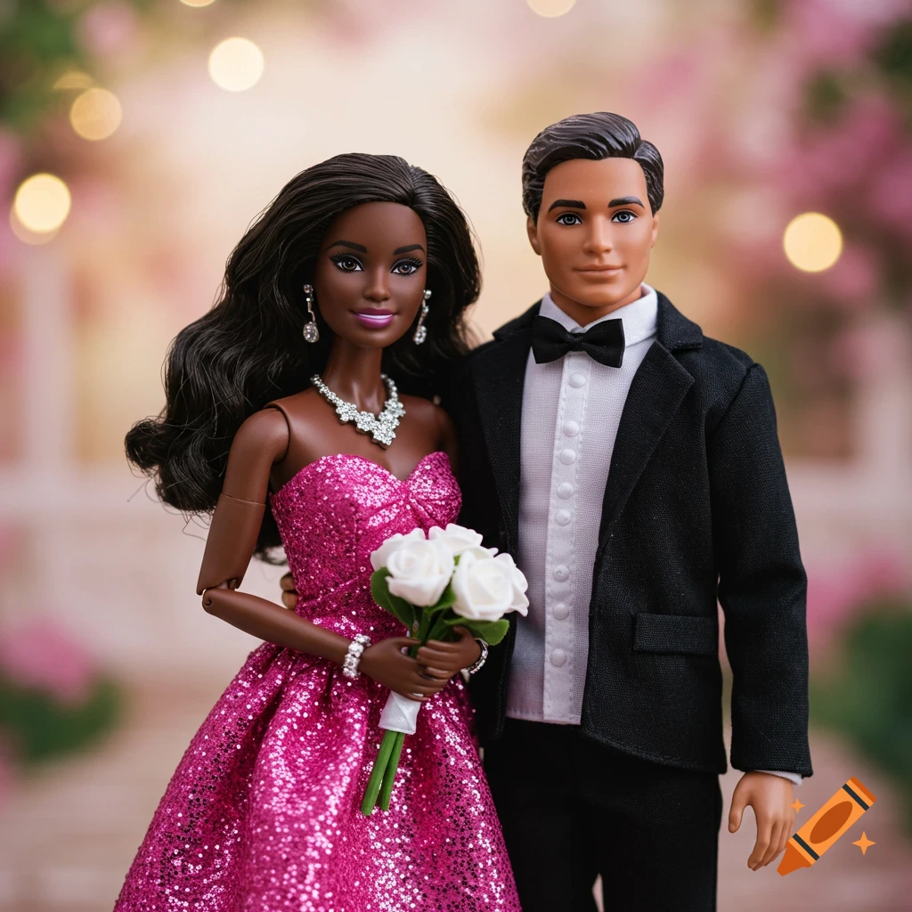 Barbie in pink sparkly dress with bouquet next to Ken in black tux on Craiyon