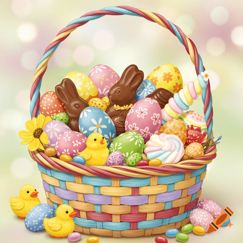 An Easter basket filled with chocolate eggs, bunnies, and chocolate ...